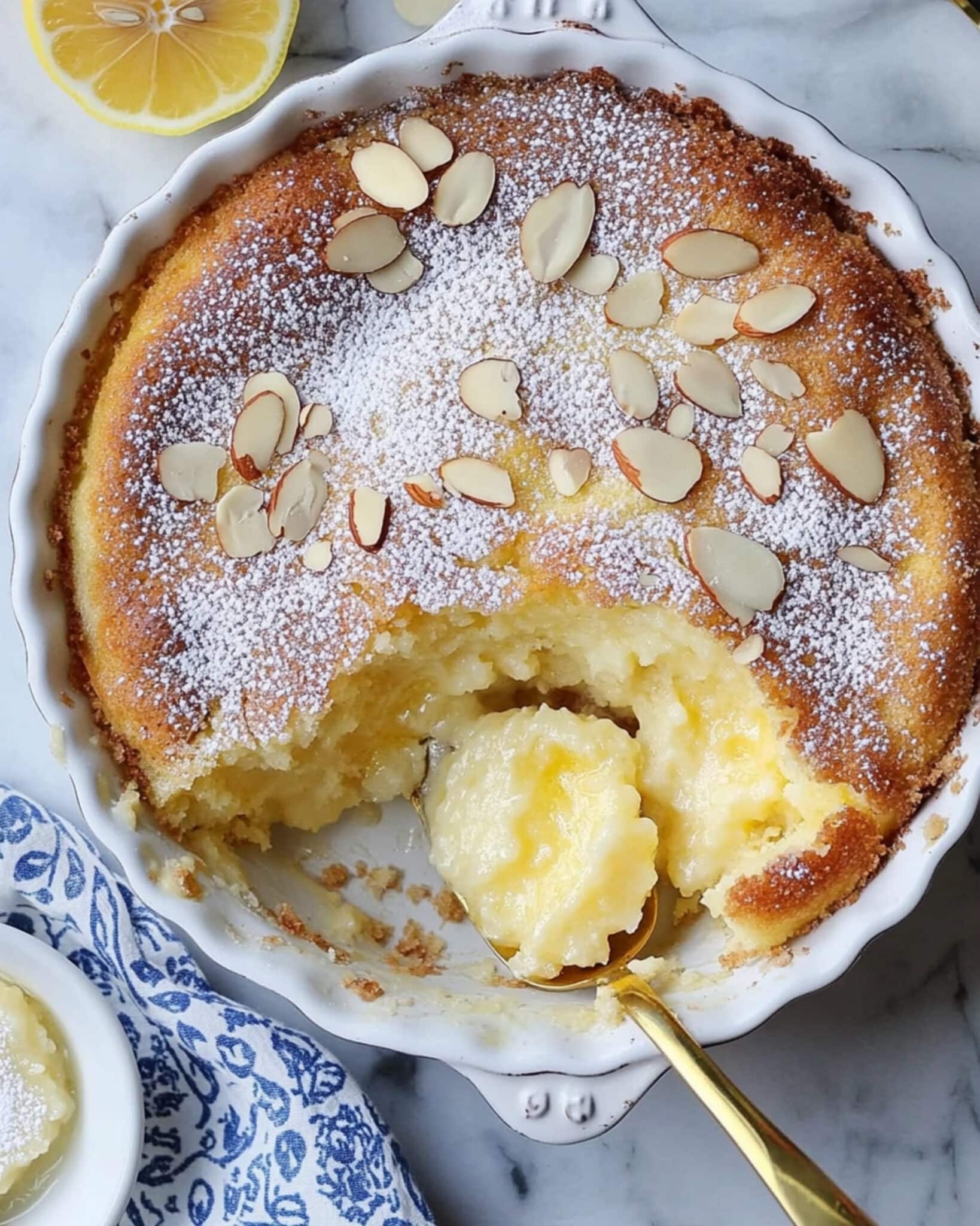 Lemon Almond Pudding Cake Recipe - YummyHere