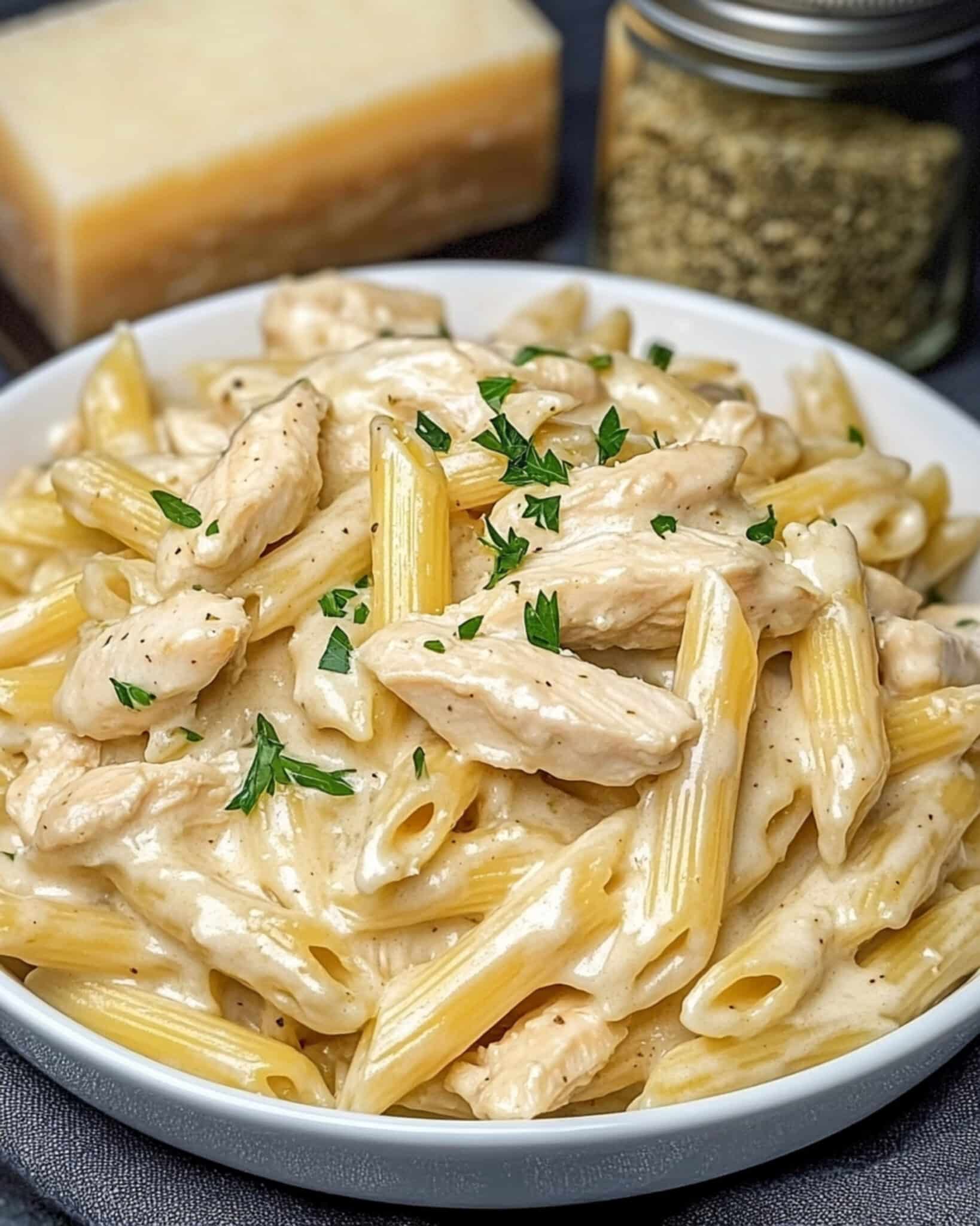 Creamy Garlic Chicken Pasta Recipe - YummyHere